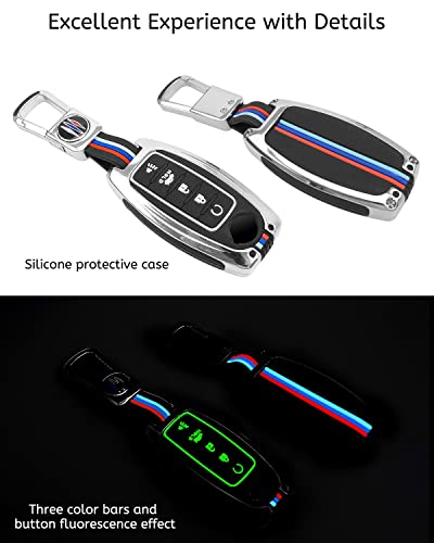 Key Fob Cover with Key Chain Only Fit for Nissan 5 Buttons Smart Key, Soft Silicone Full Protection and Metal Shell Smart Key Case, Silver