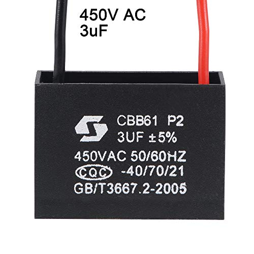 uxcell Ceiling Fan Capacitor CBB61 3uF 450V AC 2 Wires Metallized Polypropylene Film Capacitor 43x31x18mm for Electric Fan Pump Motor Generator 2Pcs