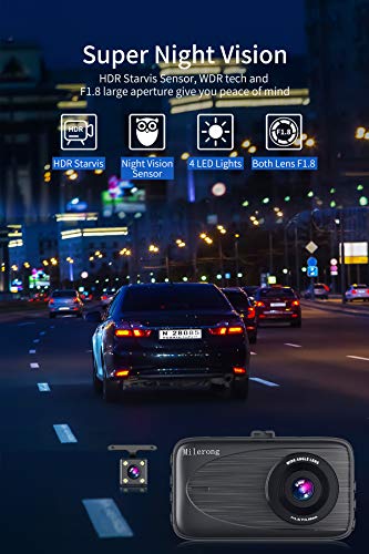Dash Cam Front and Rear, Milerong 1080P FHD Dash Camera for Cars, 3" IPS Display Full HD170° Wide Angle Car Camera with Night Vision, G-Sensor, Loop Recording, Parking Monitor, Motion Detection, WDR
