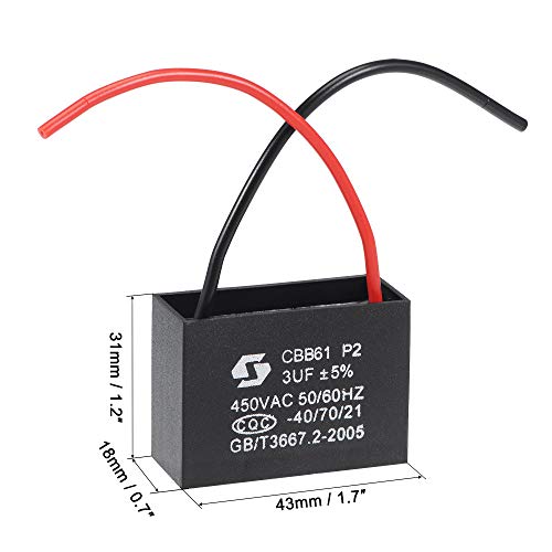 uxcell Ceiling Fan Capacitor CBB61 3uF 450V AC 2 Wires Metallized Polypropylene Film Capacitor 43x31x18mm for Electric Fan Pump Motor Generator 2Pcs