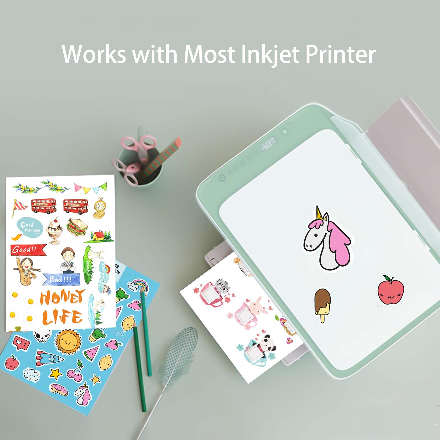 Premium Printable Vinyl Sticker Paper for Inkjet Printer,80 Sheets Matte White Waterproof Decal Paper, 8.5x11 inches ,Dries Quickly and Holds Ink Beautifully