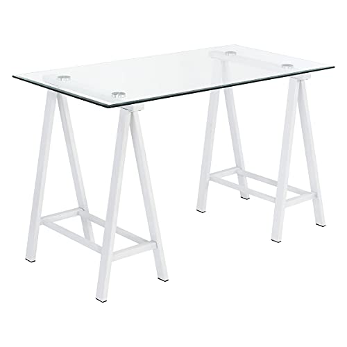 OSP Home Furnishings Middleton 47 Inch Desk with Clear Beveled Glass Top, White Base