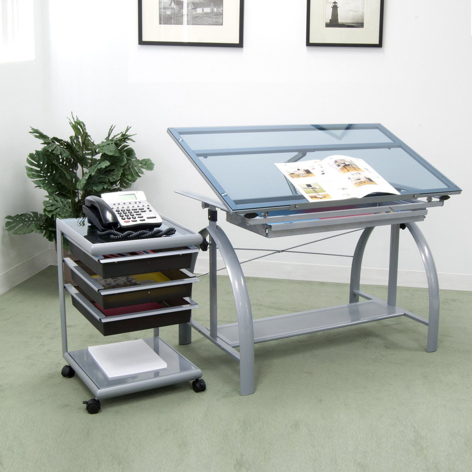 Offex Avanta Height Adjustable Blue Tempered Glass Top Drafting Table - Silver