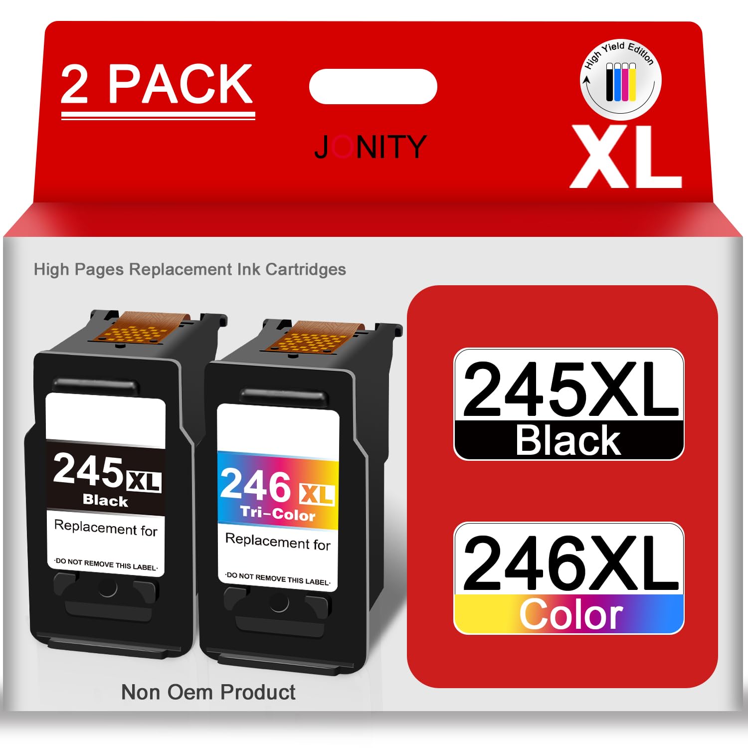 JONITY Remanufactured Ink Cartridges 245 XL and 246 XL Replacement for Canon 245 & 246 PG 245XL CL 246XL for Canon PIXMA MX492 MX490 MG2920 MG2922 MG2420 IP2820 Printer (1 Black 1 Tri-Color)