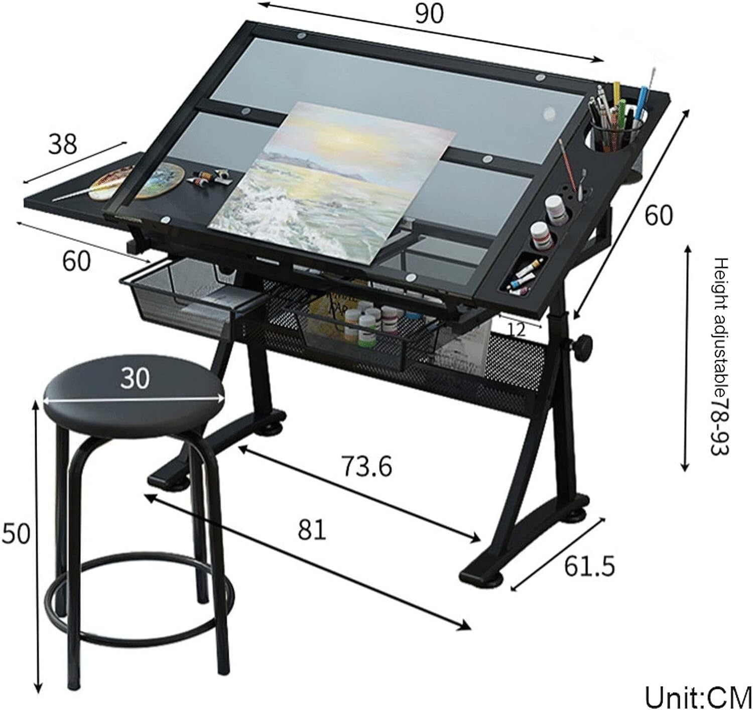 XiVue Adjustable Glass Drafting Table,Versatile Art Study Table,with Storage Drawers,Art Studio Design Sketching Painting Work Station