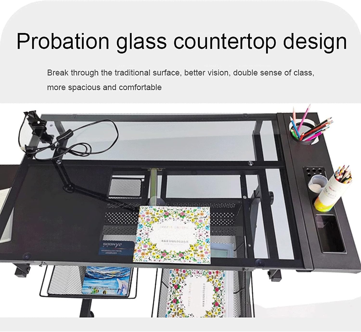 XiVue Adjustable Glass Drafting Table,Versatile Art Study Table,with Storage Drawers,Art Studio Design Sketching Painting Work Station