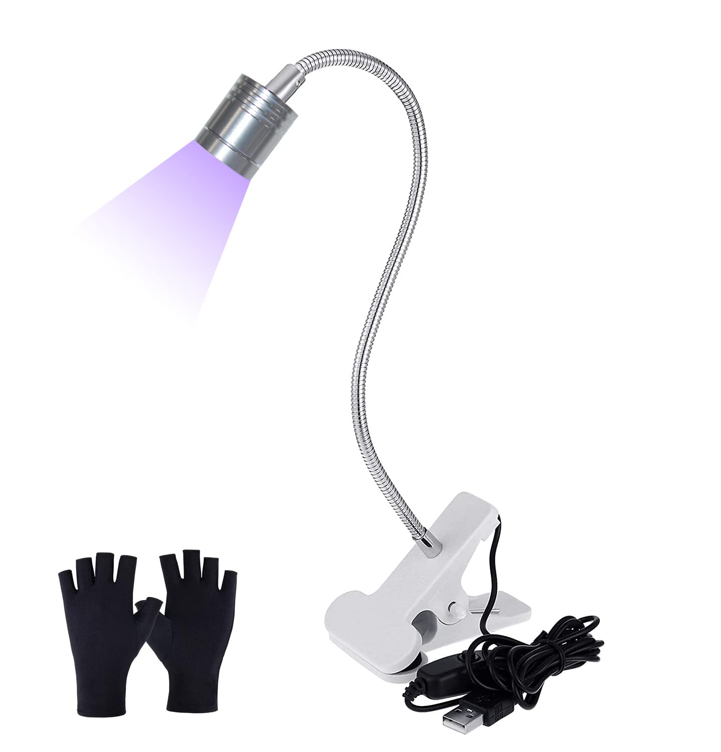 395nm 3W UV LED Light with UV Protection Gloves, Flexible Gooseneck Lamp, 5V USB Input UV LED Lamp Nail Lamp for Gel Nails and Ultraviolet Curing(Silver)…