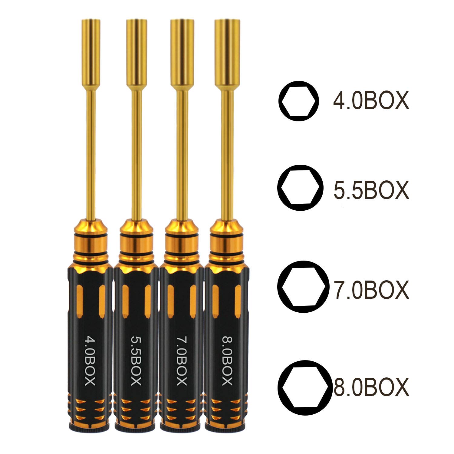 VQRTKS 4pcs RC Hex Driver Wrench 4.0mm 5.5mm 7.0mm 8.0mm Hexagonal Head Nut Drivers Repair Tool Set for RC Car Helicopter FPV Drone Titanium Nitride TiNi