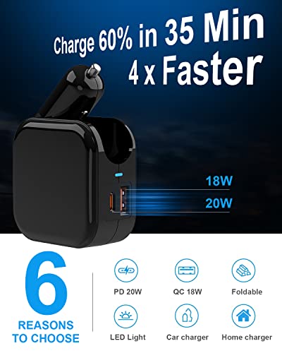 SAUNORCH USB C Car Charger Block, Cigarette Lighter Adapter and USB Wall Phone Charger W/ 2 in 1 Foldable Plug 20W Type C PD &18W QC 3.0 Charger Fast Charging for iPhone 14/13/12/11/XR,iPad, Samsung