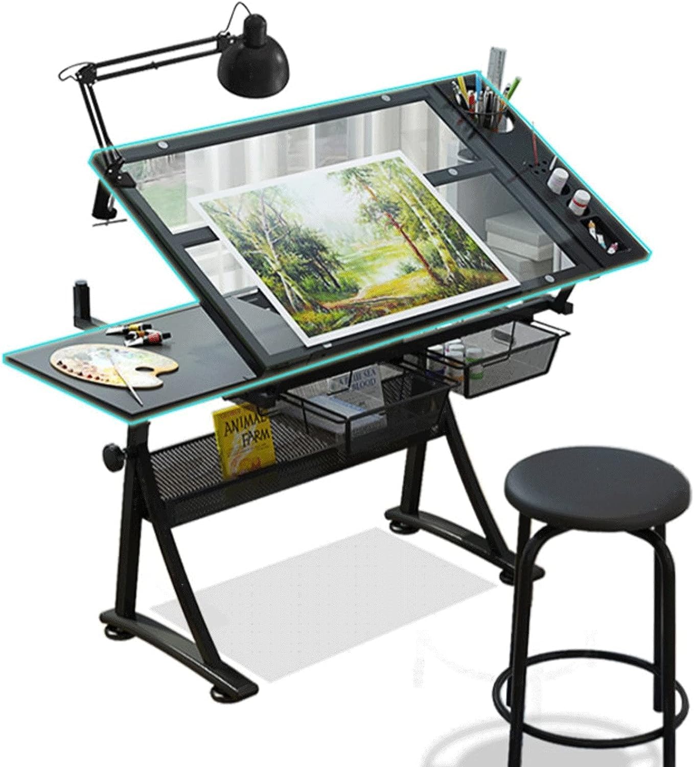 XiVue Adjustable Glass Drafting Table,Versatile Art Study Table,with Storage Drawers,Art Studio Design Sketching Painting Work Station