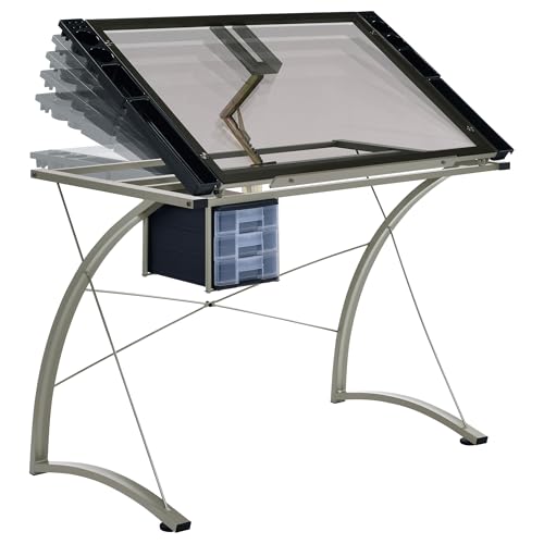 Coaster Home Furnishings Melo Modern Drafting Table for Office Drawing Desk Adjustable Angle Top Smoked Tempered Glass Top with Reversible Drawers Steel Frame Silver 800986