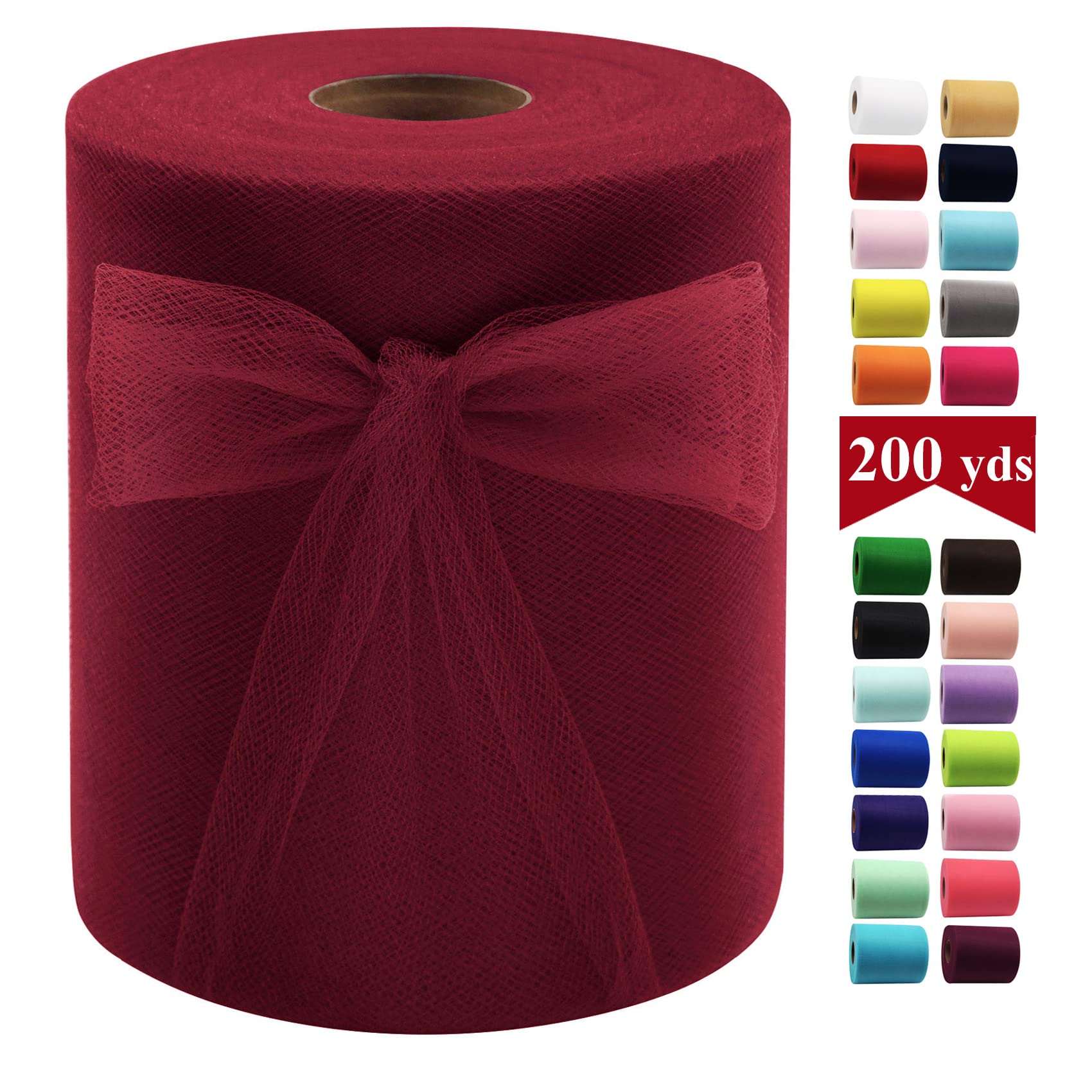Burgundy Tulle Fabric Rolls 6 Inch by 200 Yards (600 feet) Fabric Spool Tulle Ribbon for DIY Burgundy Tutu Bow Baby Shower Birthday Party Wedding Decorations Craft Supplies