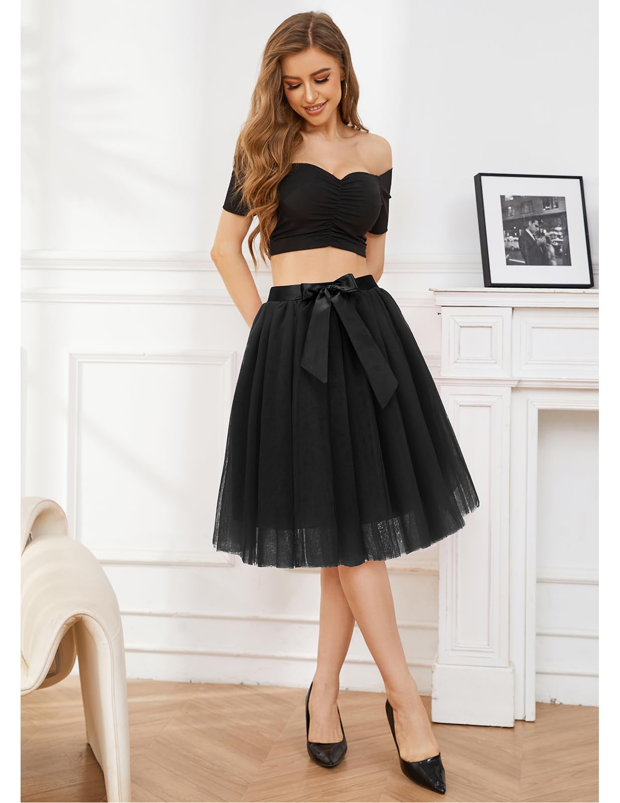 Black Tulle Skirt for Women 6 Layers Elastic Waistband Prom Party Dress Black S