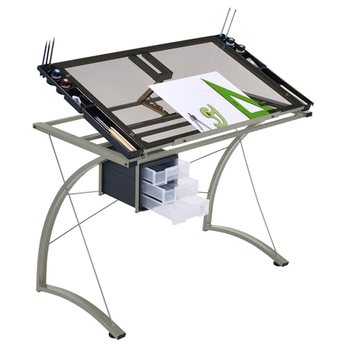 Coaster Home Furnishings Melo Modern Drafting Table for Office Drawing Desk Adjustable Angle Top Smoked Tempered Glass Top with Reversible Drawers Steel Frame Silver 800986