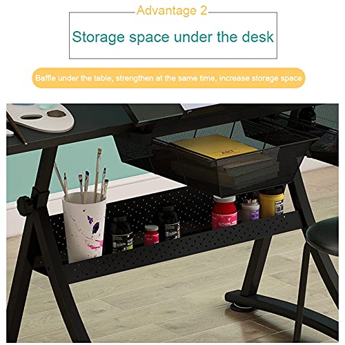 Adjustable Glass Drafting Table,Versatile Art Study Table,with Storage Drawers,Art Studio Design Sketching Painting Work Station