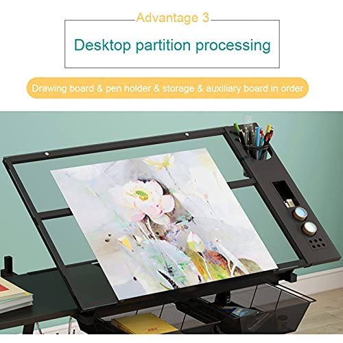 Adjustable Glass Drafting Table,Versatile Art Study Table,with Storage Drawers,Art Studio Design Sketching Painting Work Station