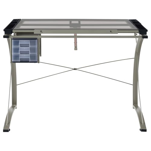 Coaster Home Furnishings Melo Modern Drafting Table for Office Drawing Desk Adjustable Angle Top Smoked Tempered Glass Top with Reversible Drawers Steel Frame Silver 800986