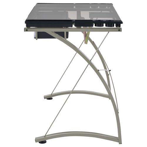 Coaster Home Furnishings Melo Modern Drafting Table for Office Drawing Desk Adjustable Angle Top Smoked Tempered Glass Top with Reversible Drawers Steel Frame Silver 800986