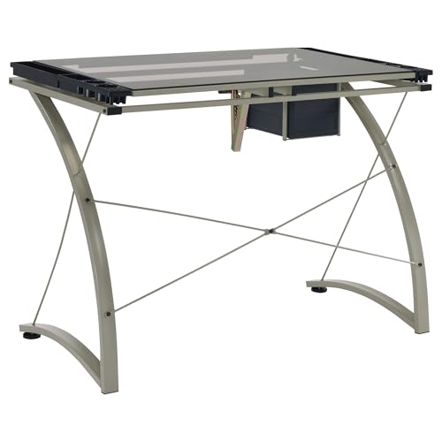 Coaster Home Furnishings Melo Modern Drafting Table for Office Drawing Desk Adjustable Angle Top Smoked Tempered Glass Top with Reversible Drawers Steel Frame Silver 800986