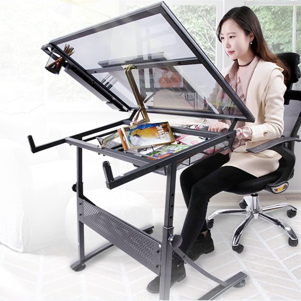 Adjustable Glass Drafting Table,Versatile Art Study Table,with Storage Drawers,Art Studio Design Sketching Painting Work Station