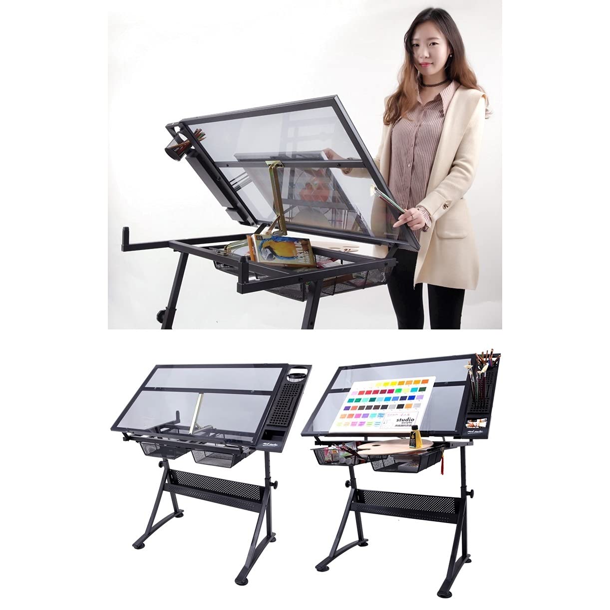 Adjustable Glass Drafting Table,Versatile Art Study Table,with Storage Drawers,Art Studio Design Sketching Painting Work Station