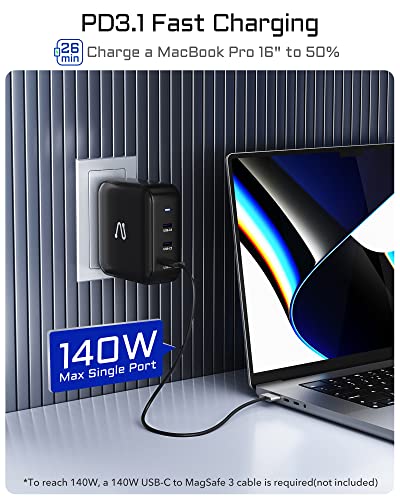 140W USB C Charger, PD3.1 GaN 3Port Type C Wall Charger Fast Charging Station Adapter, PD 100W PPS Charger Block for MacBook Pro 16"/Air, iPhone 14 Pro Max, Galaxy S22/S21,Tablet,Laptop-Black