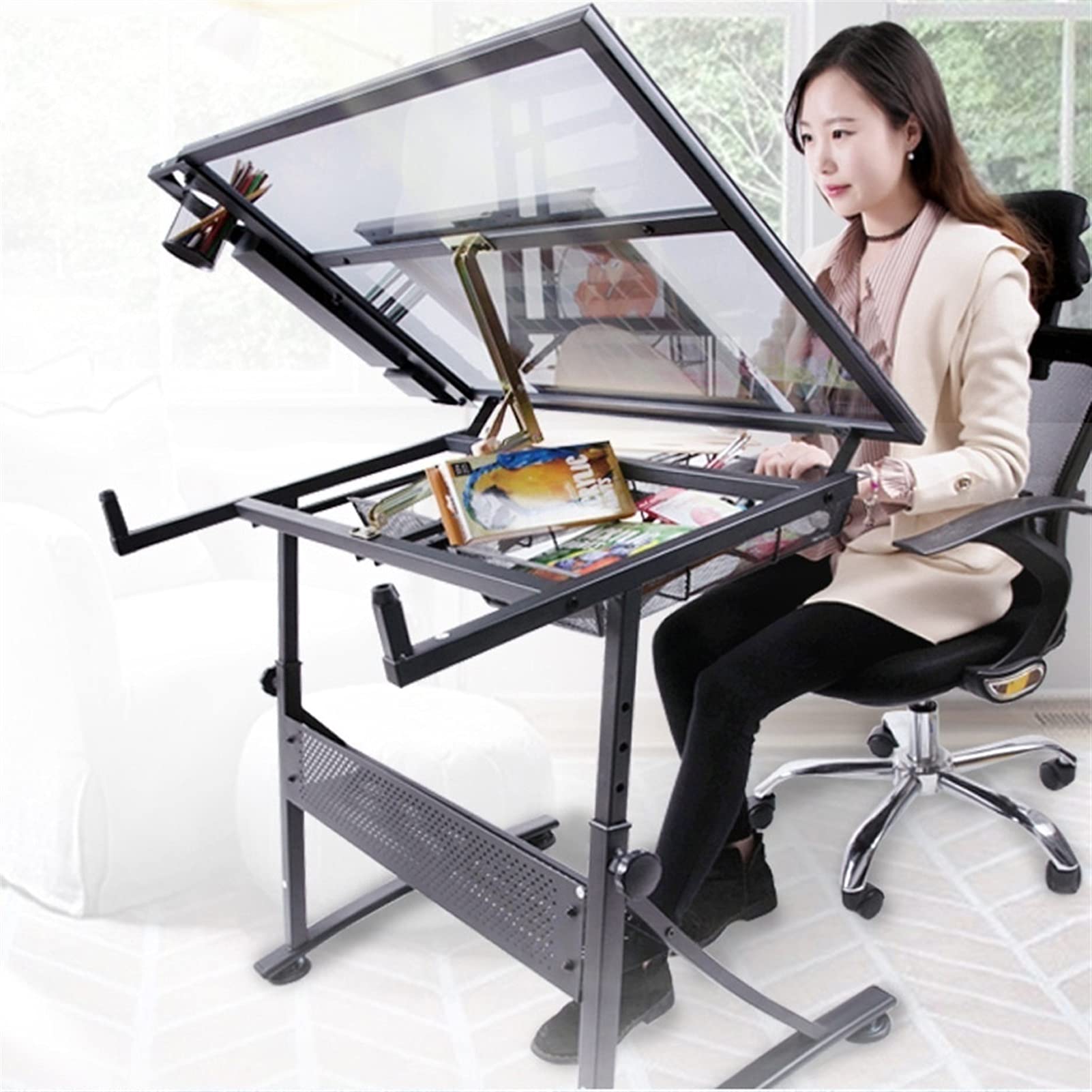 Adjustable Glass Drafting Table,Versatile Art Study Table,with Storage Drawers,Art Studio Design Sketching Painting Work Station