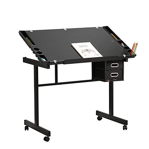 sogesfurniture Adjustable Glass Drafting Table, Versatile Art Craft Station Study Table, Tabletop Adjustable Art/Craft Desk with 4 Rolling Wheels and Slide Drawers for Home Office, Black
