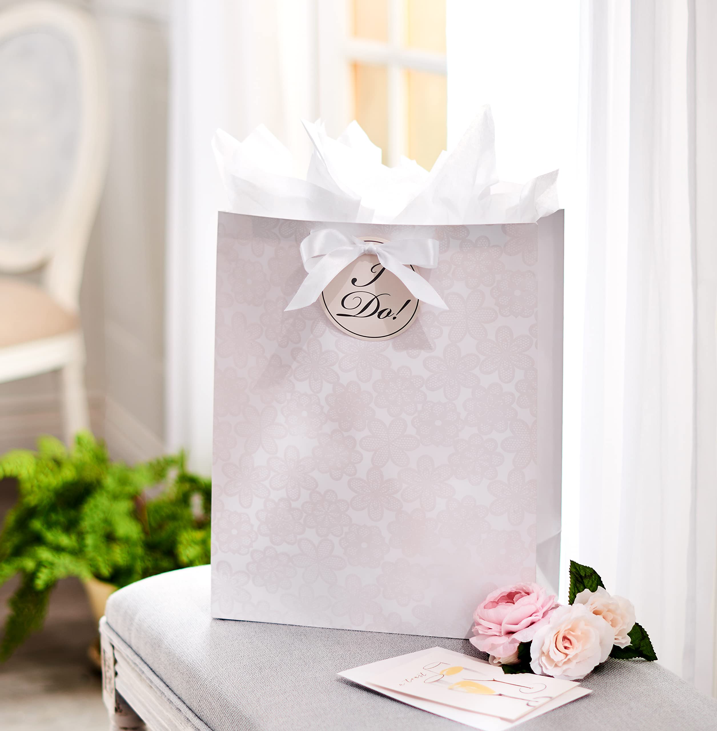 American Greetings 15.5" Extra Large Gift Bag with Tissue Paper (White Lace) for Weddings, Bridal Showers and Bachelorette Parties (1 Bag, 6 Sheets)