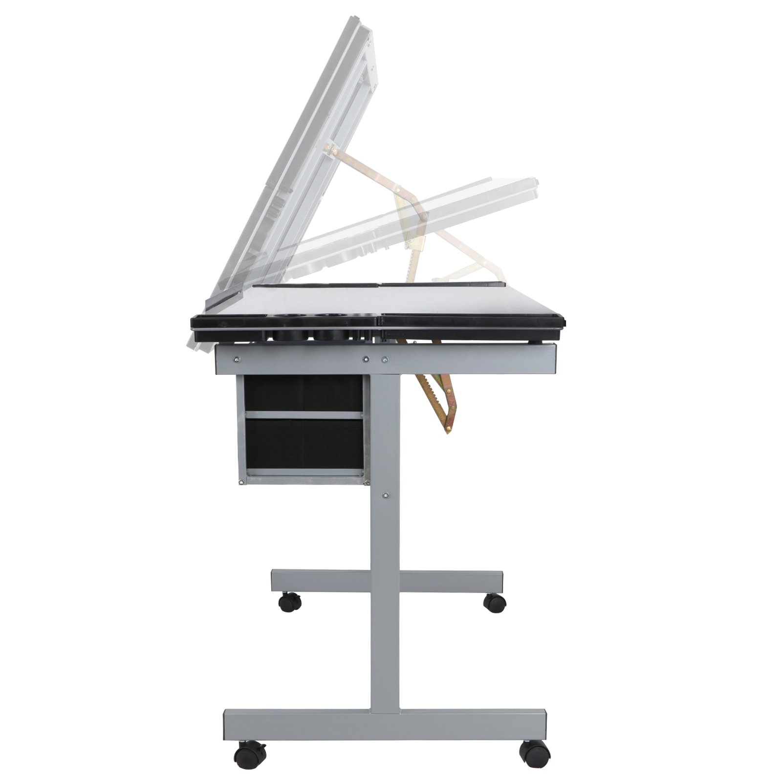 F2C Rolling Drawing Desk Craft Station Art Craft Hobby Drafting Table Desk Glass Top with Drawers