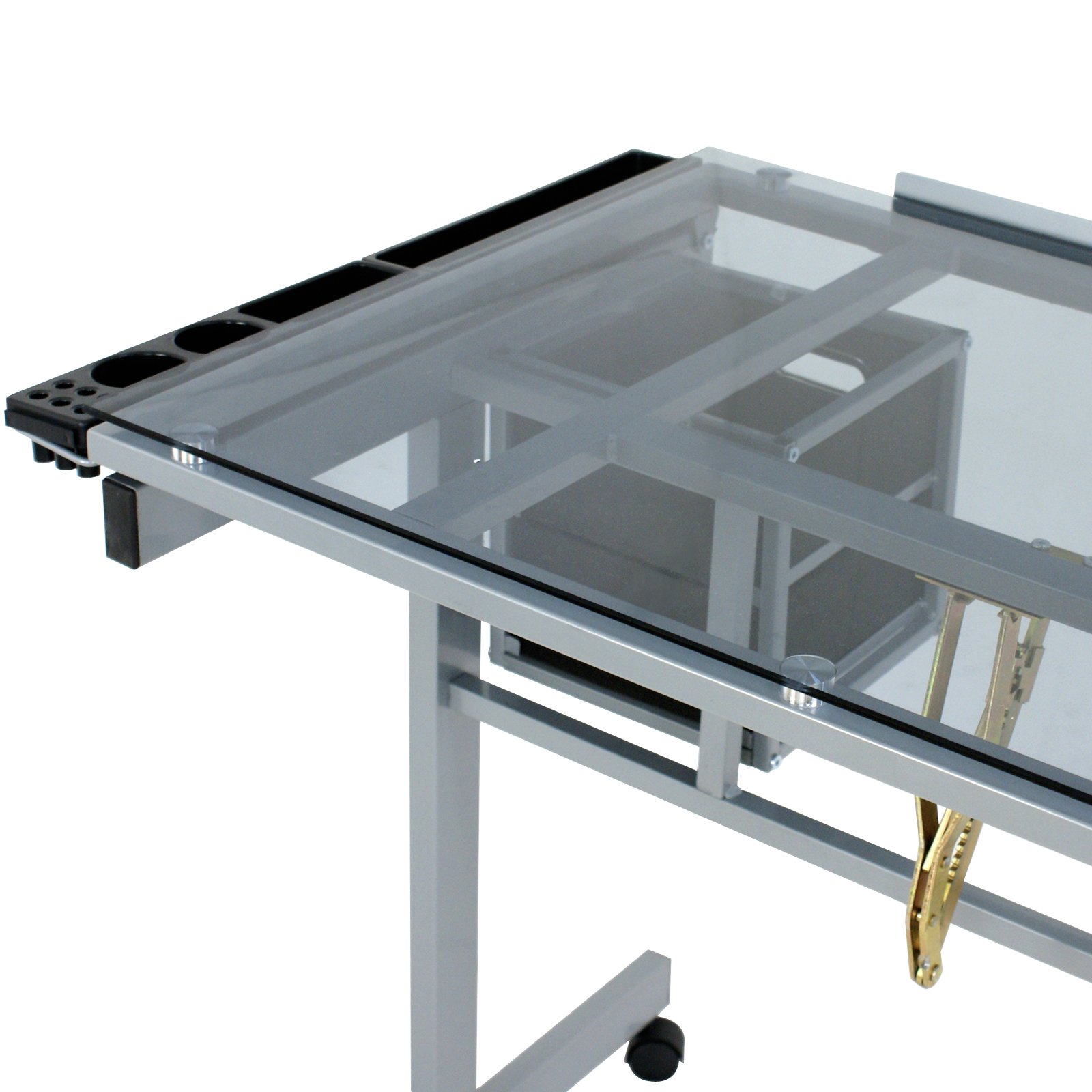 F2C Rolling Drawing Desk Craft Station Art Craft Hobby Drafting Table Desk Glass Top with Drawers