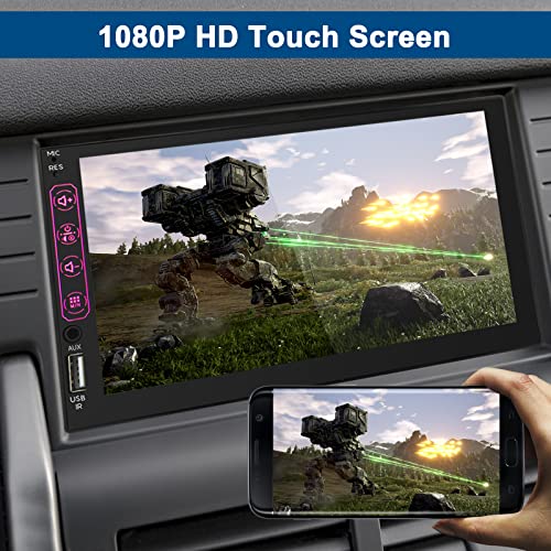 Double Din Car Stereo Compatible with Carplay and Android Auto ,7 Inch 1080P HD Touch Screen Radio,Mirror Link, Backup Camera, Steering Wheel, Bluetooth, FM,USB/AUX Port. (Wired Carplay)