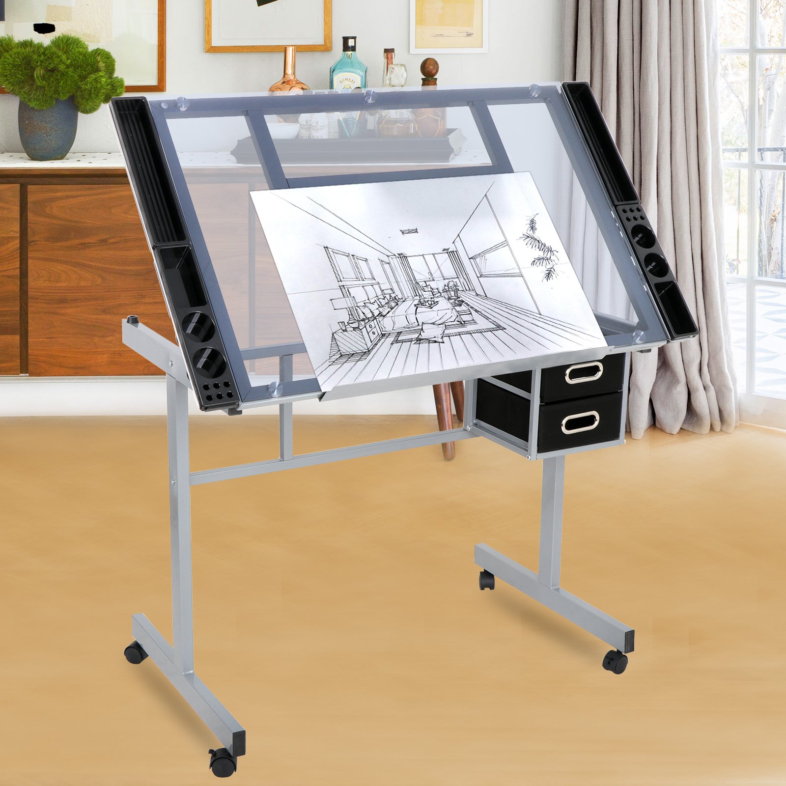 F2C Rolling Drawing Desk Craft Station Art Craft Hobby Drafting Table Desk Glass Top with Drawers