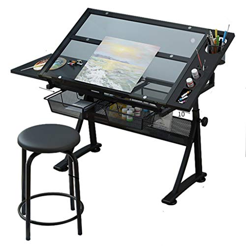 EESHHA Drawing Table Drafting Desk, Drafting Table with Storage, Height Adjustable Tiltable Art Desk, Glass Panel Drawing Desk, for Work Study Painting Craft Table