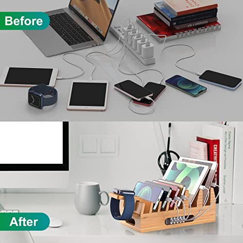 Pezin & Hulin Bamboo Charging Station Organizer for Multiple Devices & Wood Desktop Docking Charging Stand Such As Cell Phone, Tablets, Phone Case and Watch Stand (No USB Charger)