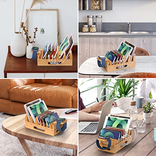 Pezin & Hulin Bamboo Charging Station Organizer for Multiple Devices & Wood Desktop Docking Charging Stand Such As Cell Phone, Tablets, Phone Case and Watch Stand (No USB Charger)