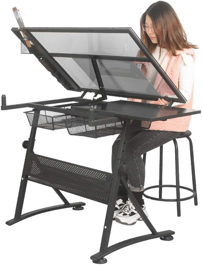 XiVue Drafting Table with Storage, Height Adjustable Tiltable Art Desk, Glass Panel Drawing Desk, for Work Study Painting Craft Table