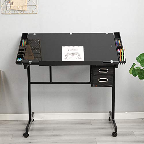 soges Glass Drafting Table, Mobile Drawing Desk with Tilted Tabletop, Art Table with 2 Storage Drawers, Painting Desk for Reading Writing Drawing, Black