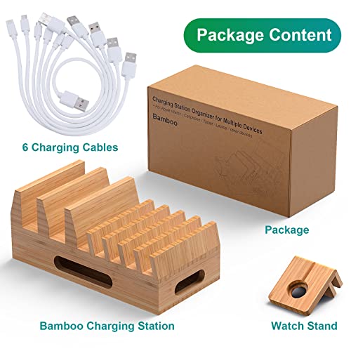 Pezin & Hulin Bamboo Charging Station Organizer for Multiple Devices & Wood Desktop Docking Charging Stand Such As Cell Phone, Tablets, Phone Case and Watch Stand (No USB Charger)