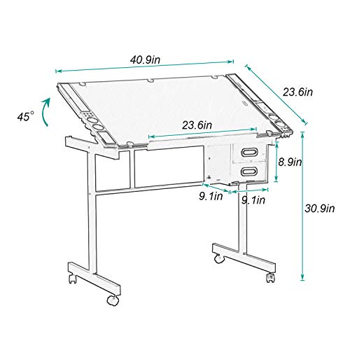 soges Glass Drafting Table, Mobile Drawing Desk with Tilted Tabletop, Art Table with 2 Storage Drawers, Painting Desk for Reading Writing Drawing, Black
