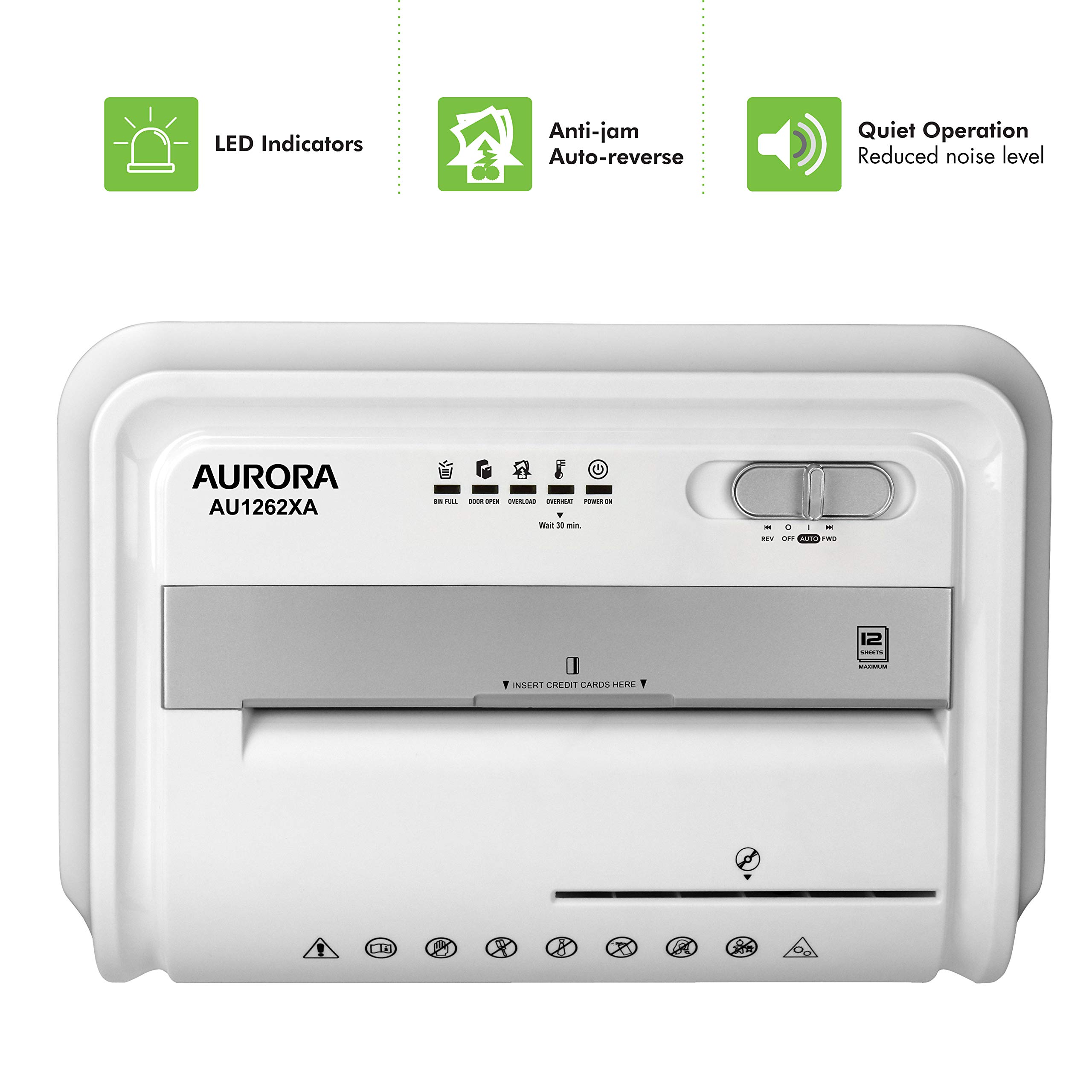 Aurora AU1262XA Anti-Jam 12-Sheet Crosscut Paper and CD/Credit Card Shredder, White/Gray
