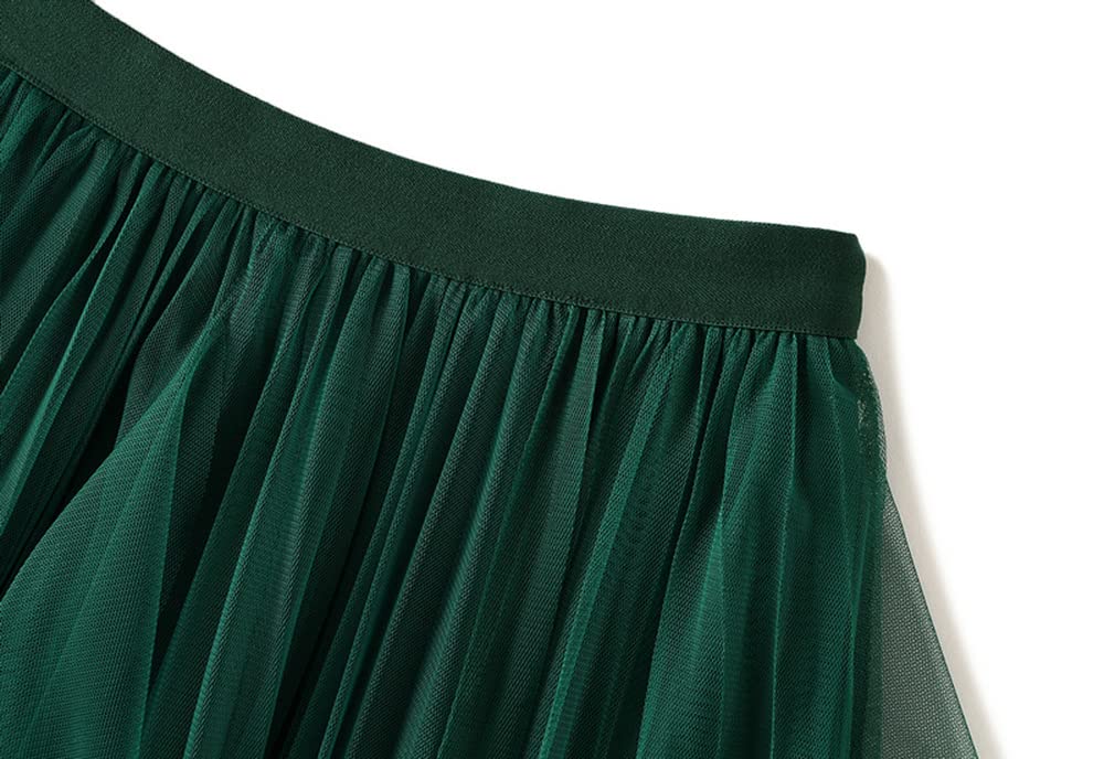 ebossy Womens Elastic High Waist Tutu Tulle Tiered Skirt Sweet Layered Ruffles Mesh Midi Fairy Skirts with Lined(1size,G-deepgreen)