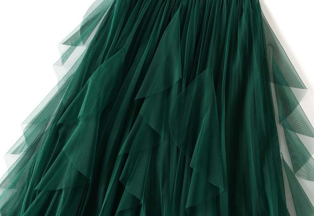 ebossy Womens Elastic High Waist Tutu Tulle Tiered Skirt Sweet Layered Ruffles Mesh Midi Fairy Skirts with Lined(1size,G-deepgreen)