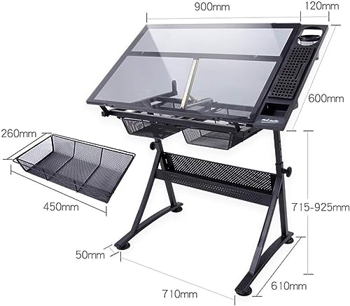 XiVue Drafting Table with Storage, Height Adjustable Tiltable Art Desk, Glass Panel Drawing Desk, for Work Study Painting Craft Table