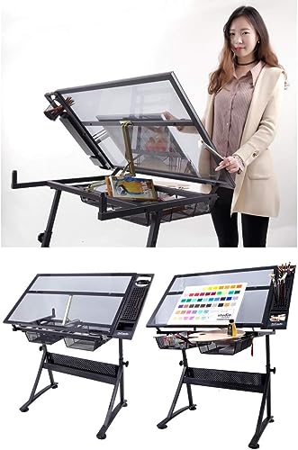 XiVue Drafting Table with Storage, Height Adjustable Tiltable Art Desk, Glass Panel Drawing Desk, for Work Study Painting Craft Table