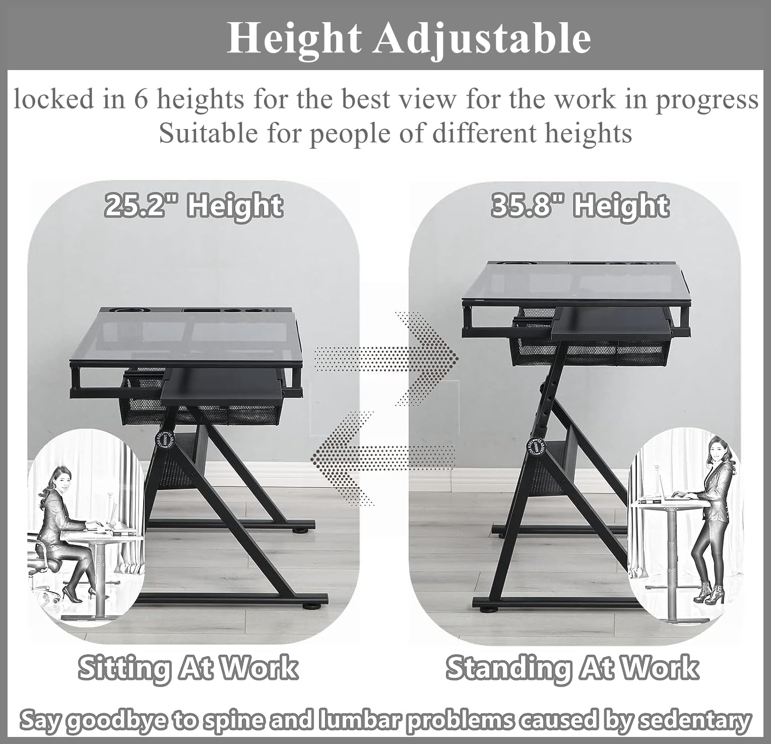 Gagawin Drafting Table with Stool, Height Adjustable Drawing Desk Tempered Glass Art Table Writing Desk with 0-75° Tilting Tabletop for Home Office, No.1-Black