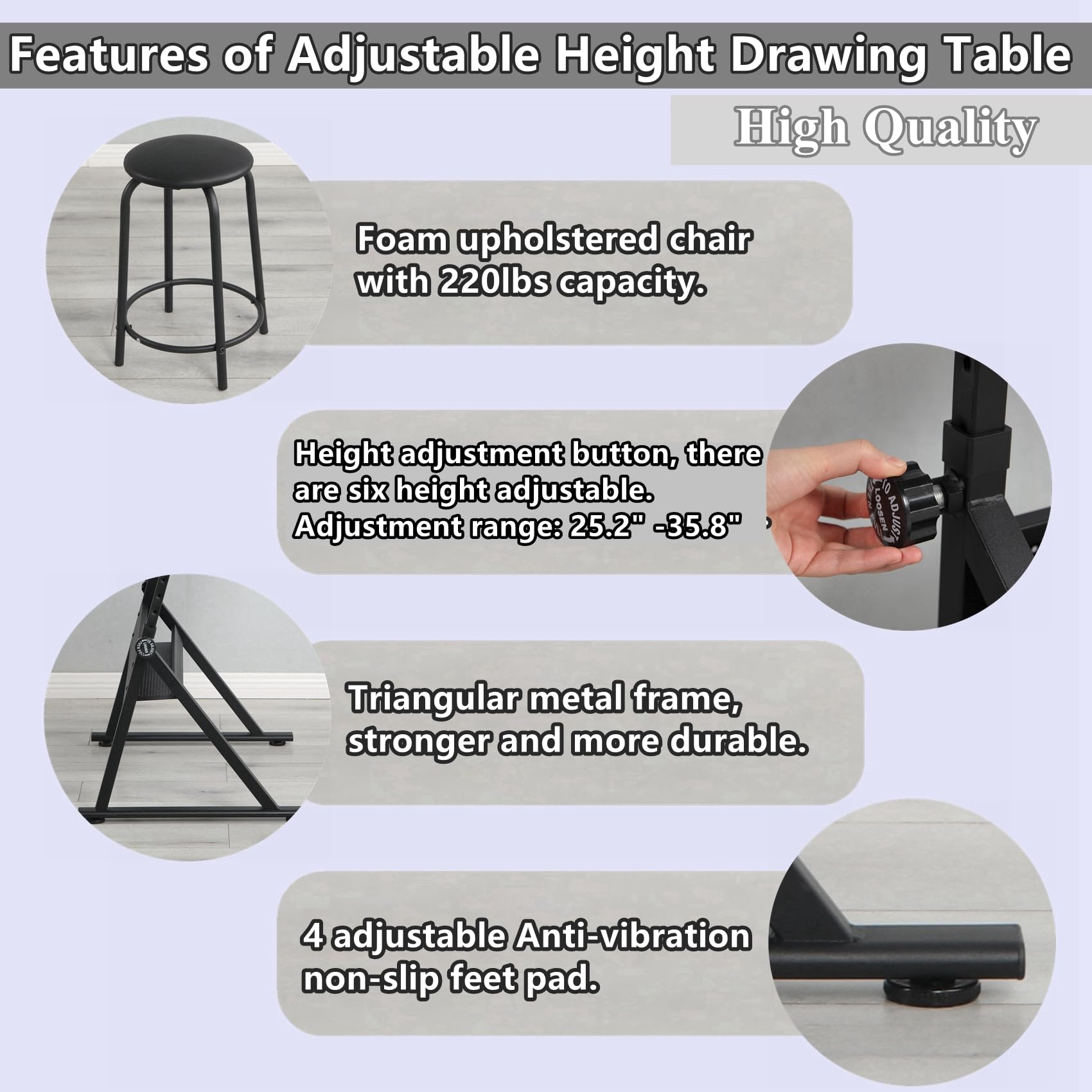 Gagawin Drafting Table with Stool, Height Adjustable Drawing Desk Tempered Glass Art Table Writing Desk with 0-75° Tilting Tabletop for Home Office, No.1-Black