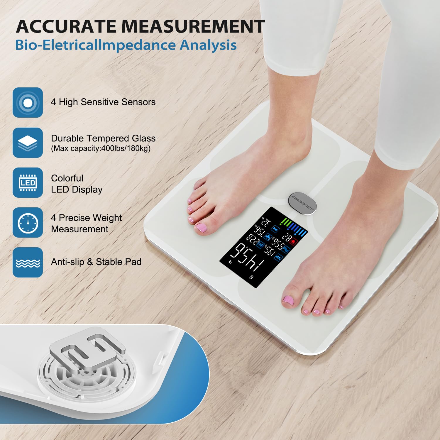 Body Fat Scale, ABLEGRID Digital Smart Bathroom Scale for Body Weight, Large LCD Display Screen, 16 Body Composition Metrics BMI, Water Weigh, Heart Rate, Baby Mode, 400lb, Rechargeable (White)