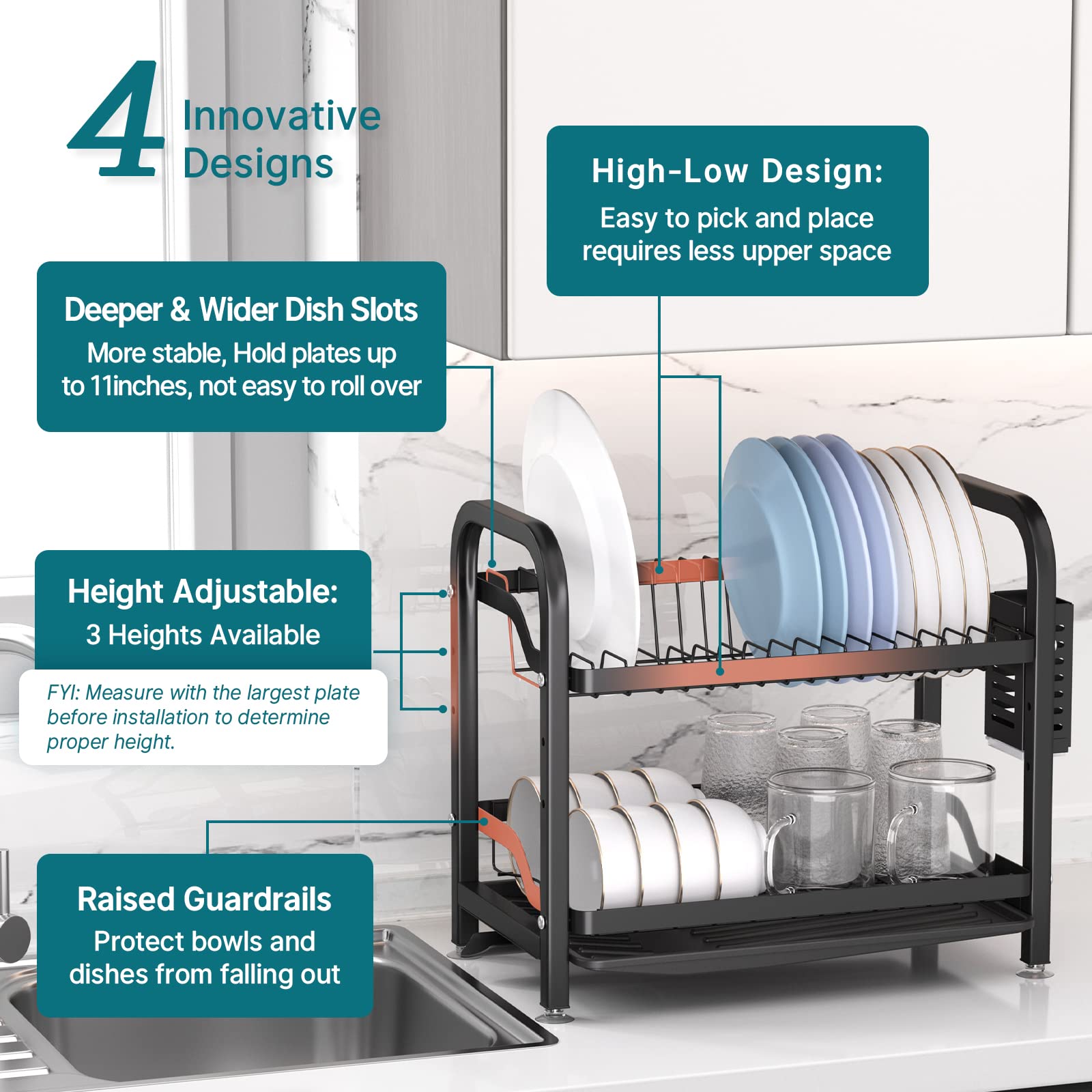 Amazer 2 Tier Dish Drying Rack with Drainboard Original, Dish Racks for Kitchen Counter, Height Adjustable Dish Rack and Drainboard Set with 2 Utensil Holders, Strong Structure, Large Capacity, Black