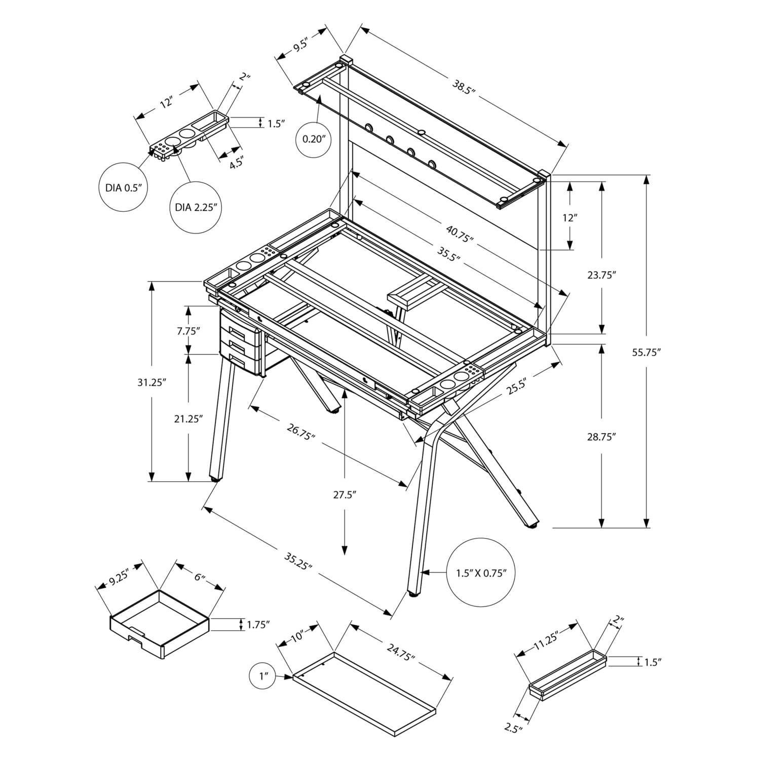 Monarch Specialties Contemporary Adjustable Multi-Functional Tempered Glass Drafting Table, Grey/Clear